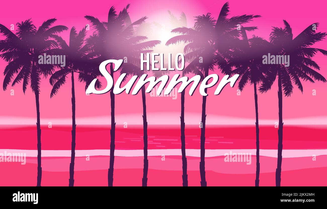 Hello Summer night party coast landscape background with palms, design ...