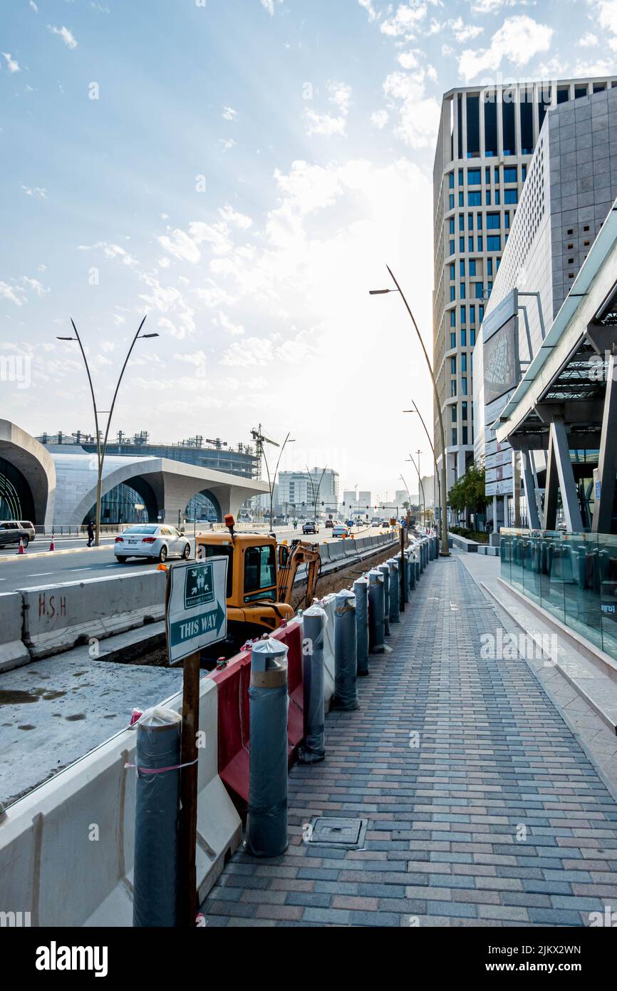 A vertical shot of a metro station building in Msheireb Downtown Doha ...