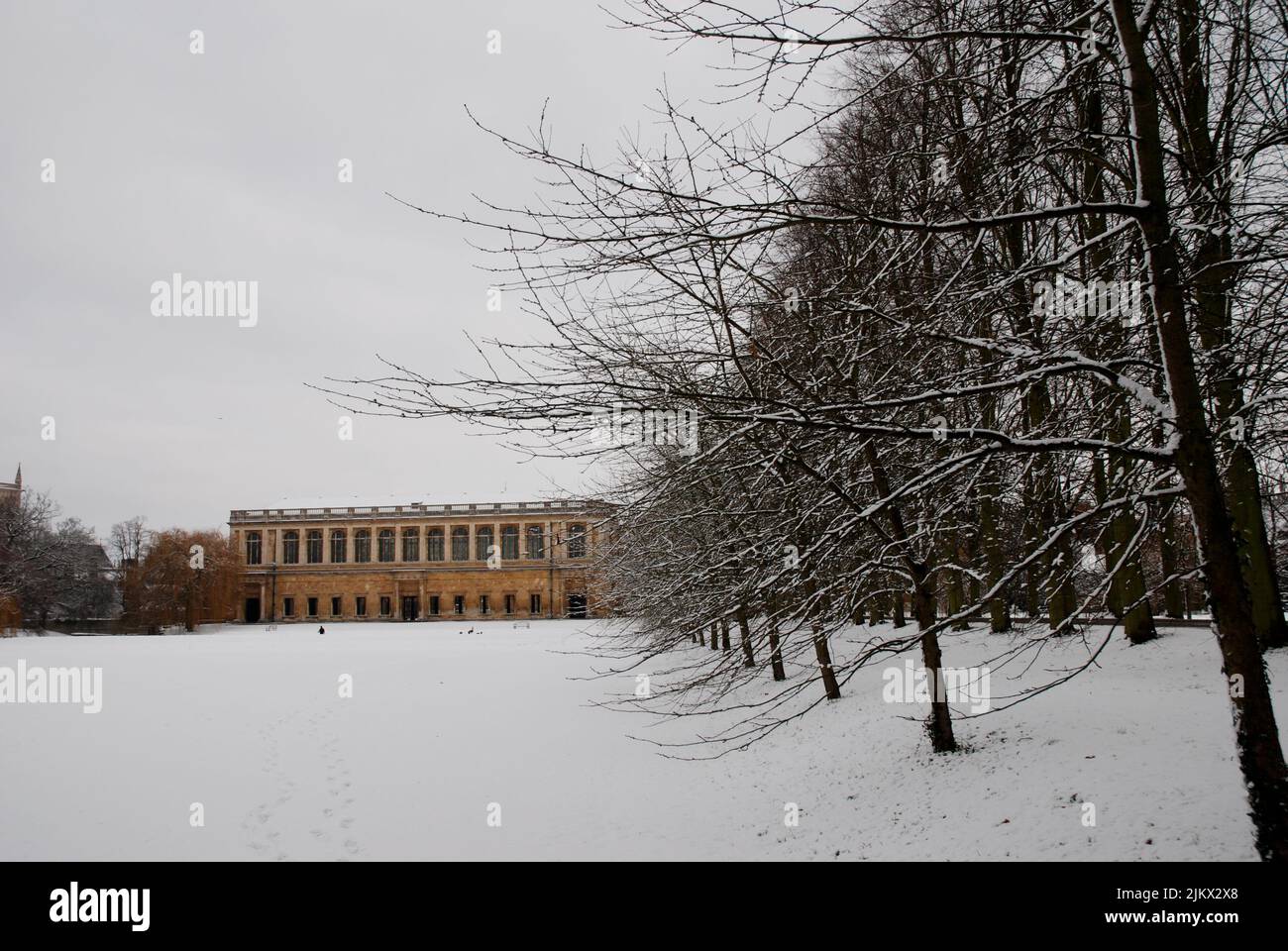 Winter in Cambridge with snow on banks of the University of Cambridge ...