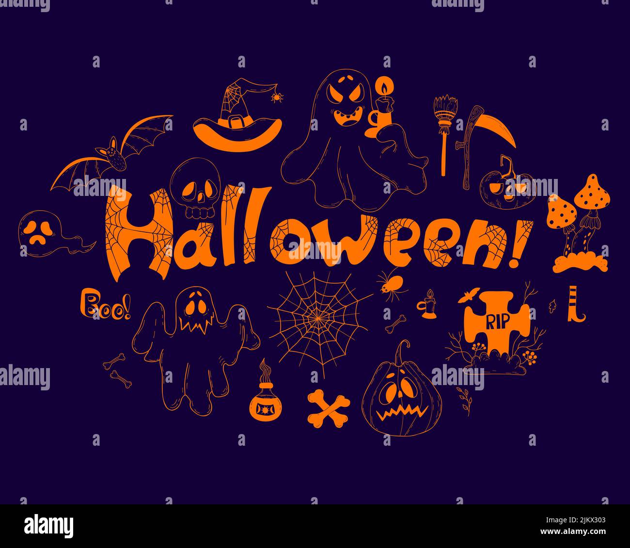 Halloween set doodle. Jack pumpkin, ghost, web, grave, skull, broom and ...