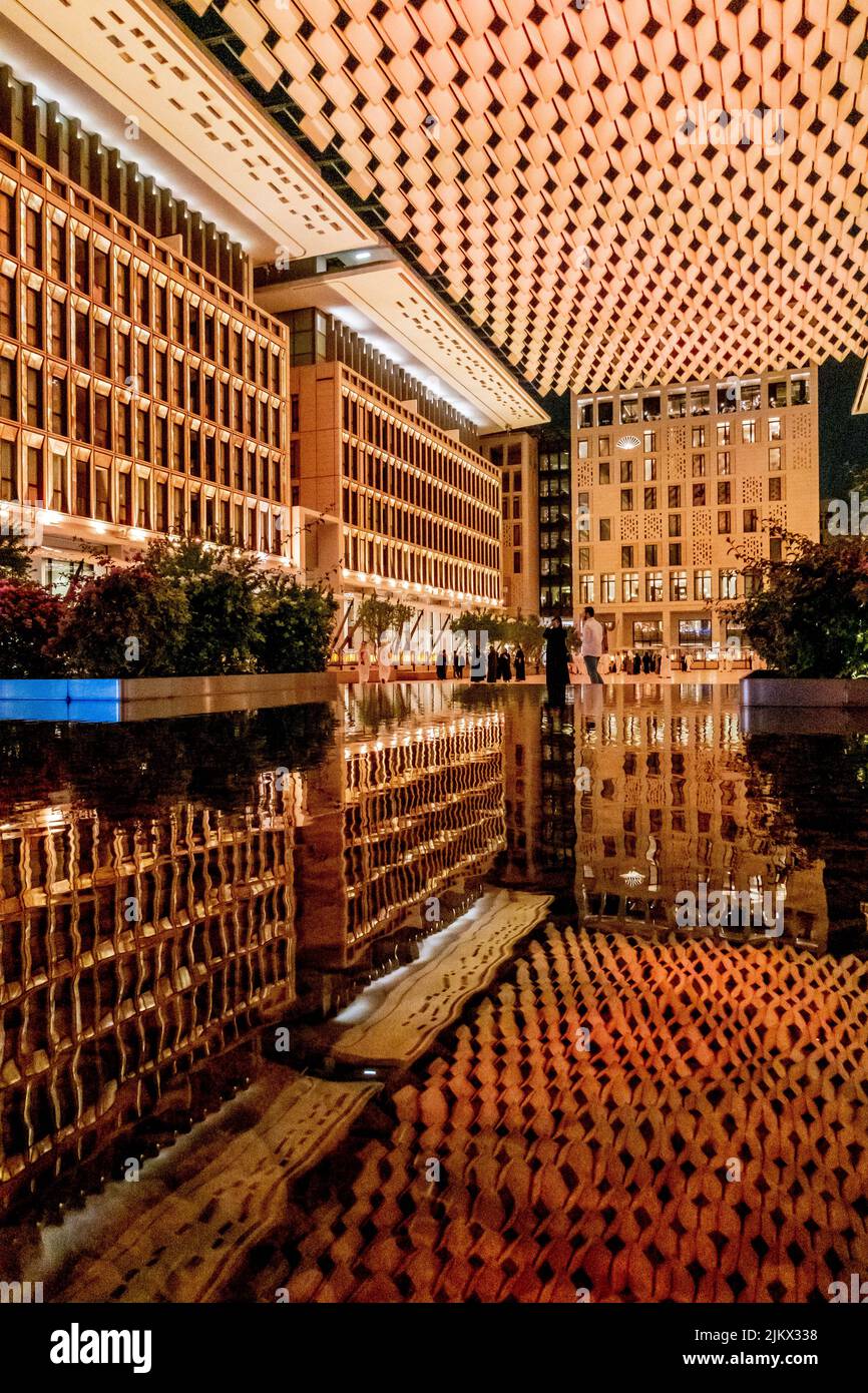 Vertical shot of the the architecture and water pool in Msheireb ...