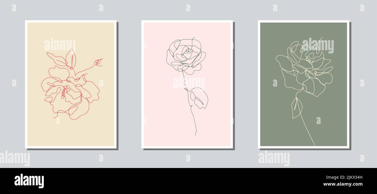 Set of 3 one single line drawing rose flower on earthy background card ...