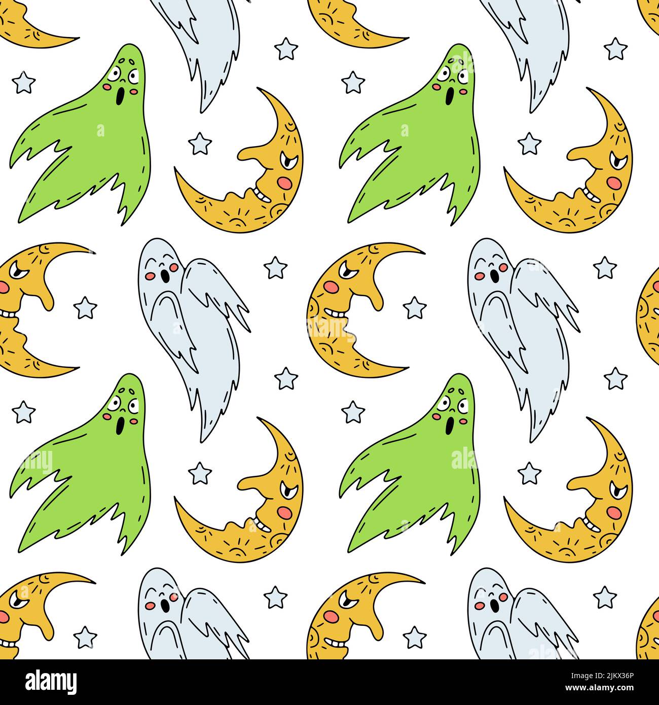 Halloween seamless pattern with cute cartoon ghosts and half moons on a ...
