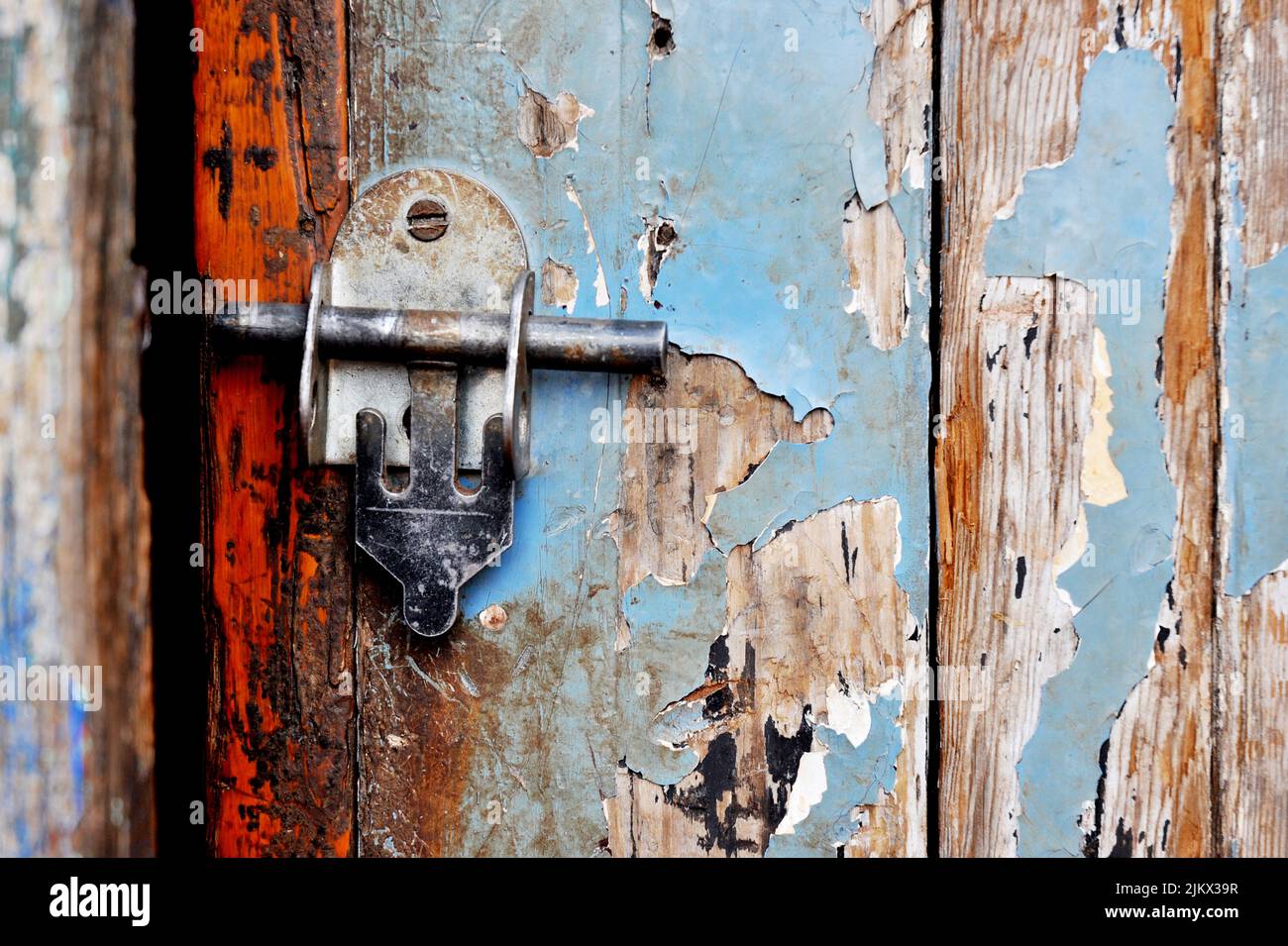 A closeup of the details of an old damaged wooden blue door with a ...