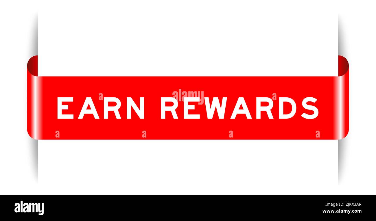 Red color inserted label banner with word earn rewards on white ...