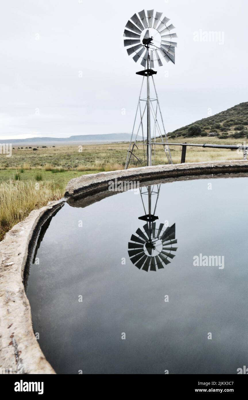 A vertical shot of a windmill in the field near the small pond with its ...