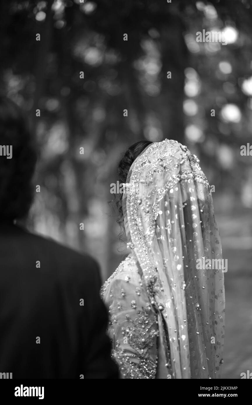 A back view of bride with beautiful veil and groom in dark blurred ...