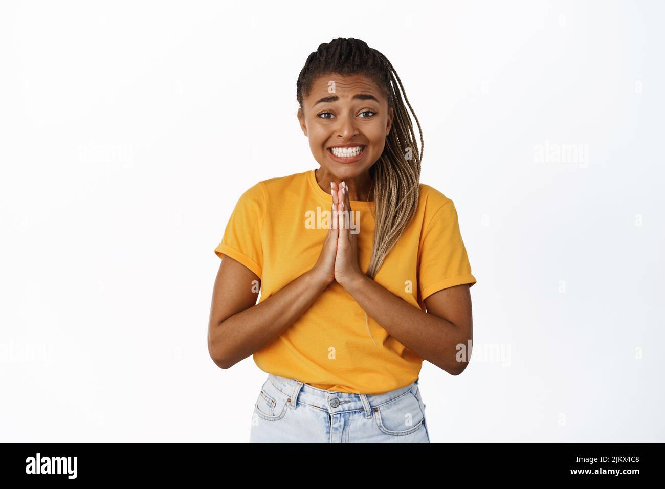 Image of smiling Black woman asking, begging for helo, say please, need ...