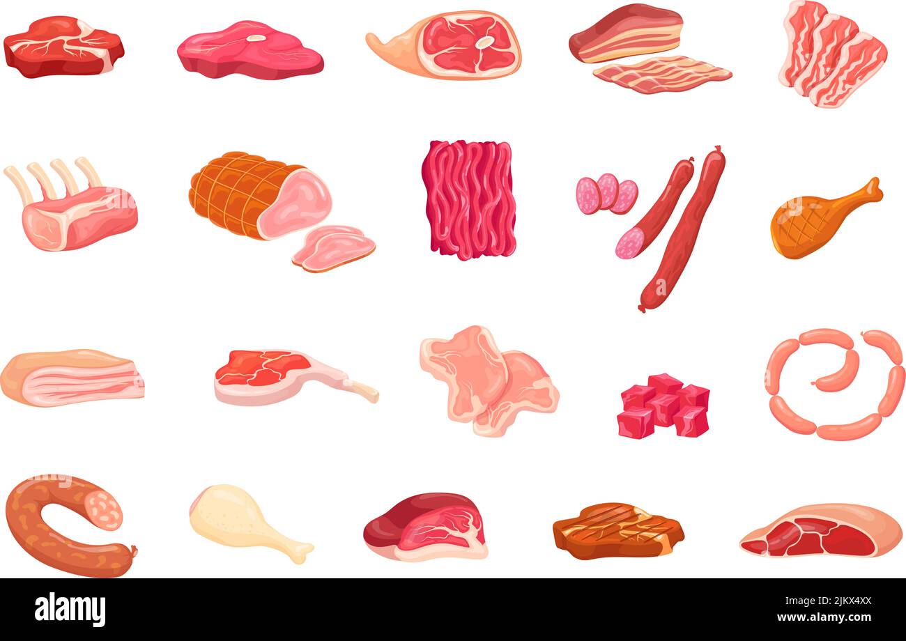 Cartoon meat variety. Pork and beef delicatessen for cooking lomo ...