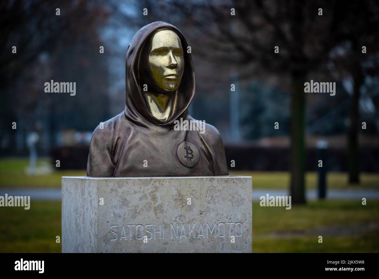 Statue portrait of Satoshi Nakamoto, the secret founder of Bitcoin in ...