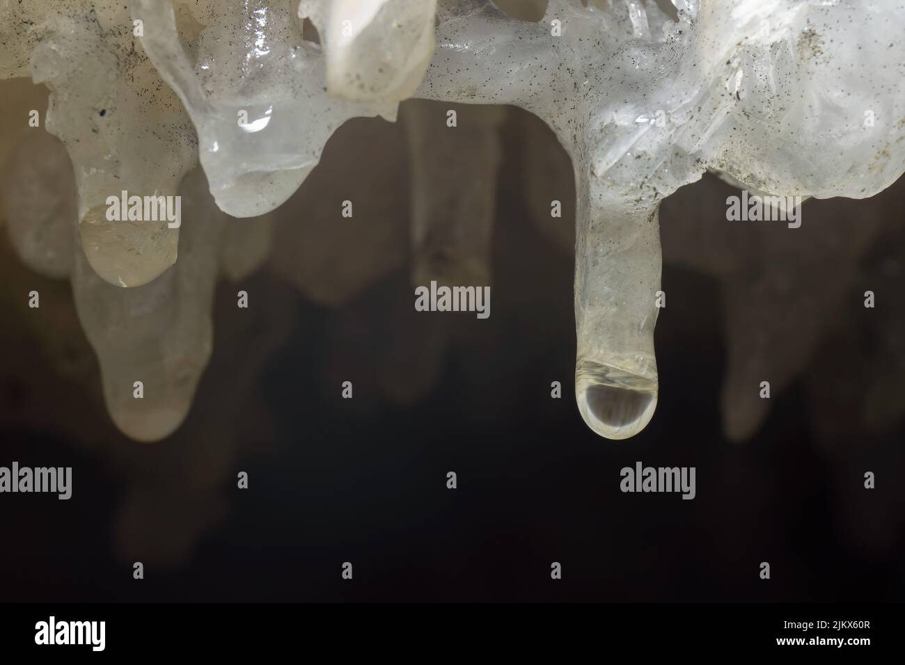 The thin stalactite icicles hang from the ceiling of the cave, (Cuevas ...