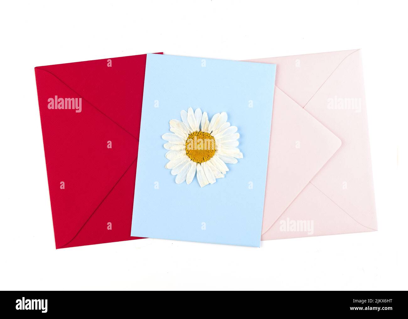 A dried pressed flower red postcard and blue and pink envelopes ...