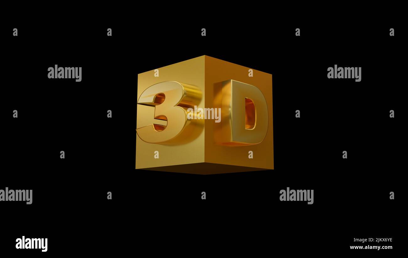 golden cube image with relief of the number 3 and the letter d, black ...