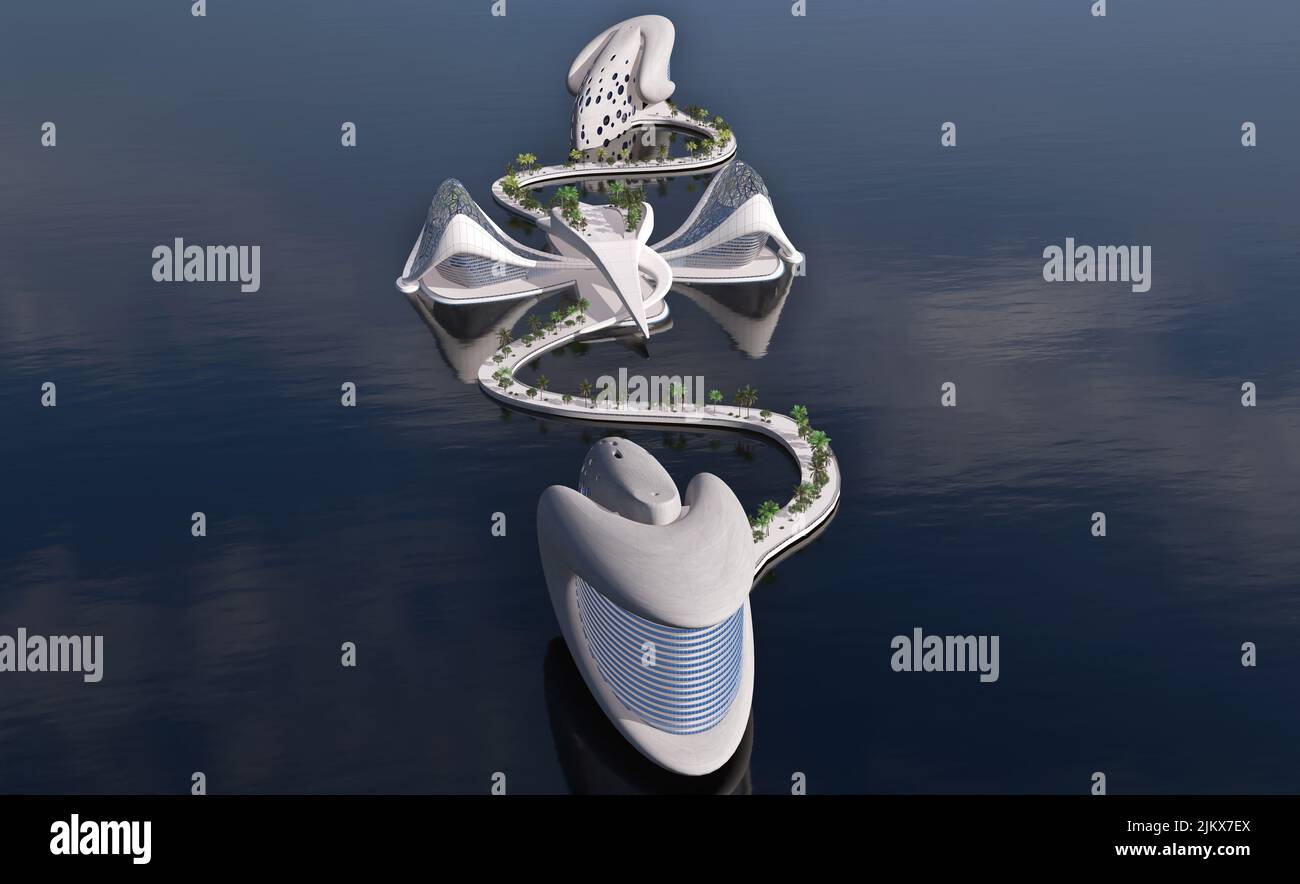 3D rendered island city aerial with futuristic architecture, for ...