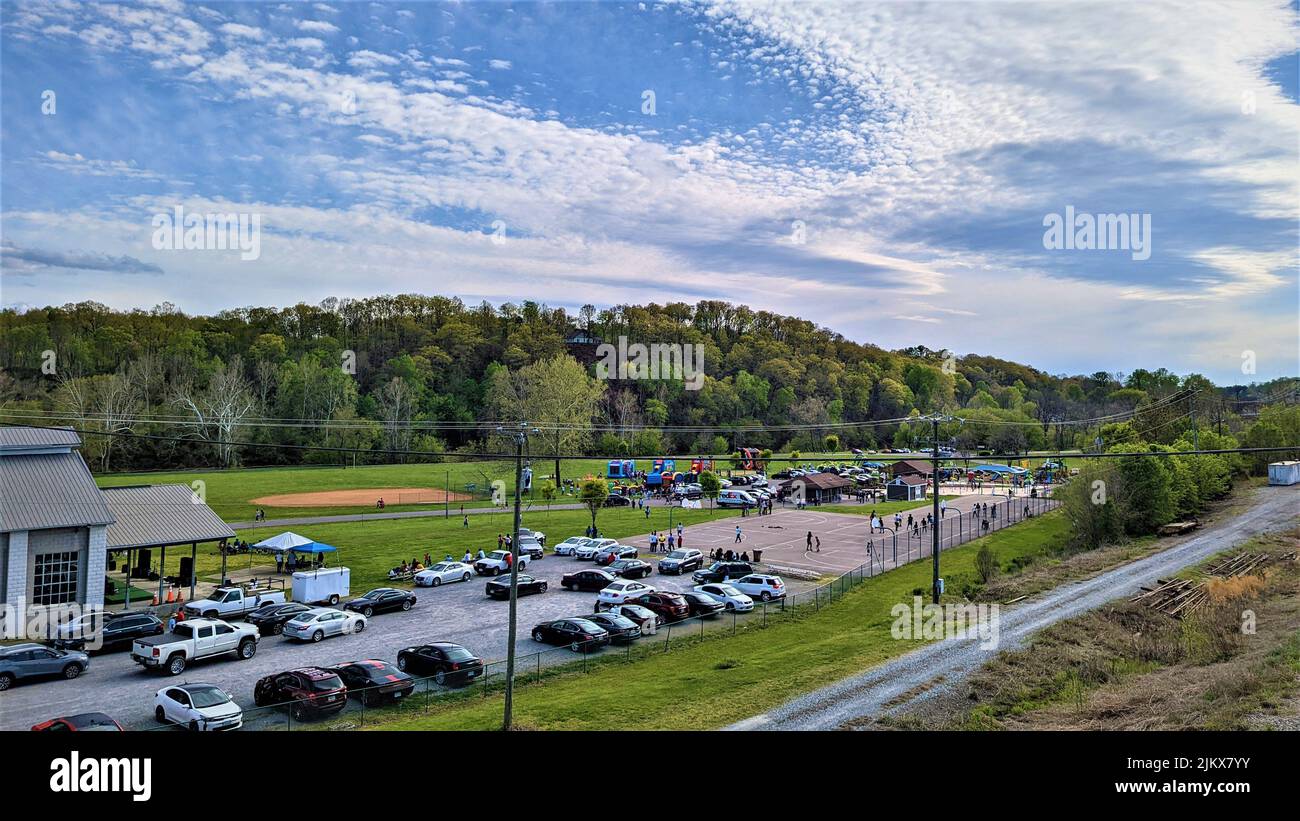 Gathering at English Park, Booker Building shown Stock Photo - Alamy