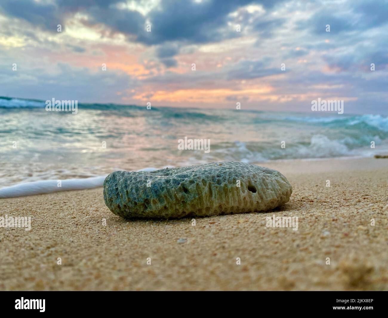 A scenic view of a stone on sandy beach against the blue ocean waves at beautiful cloudy sunset ...