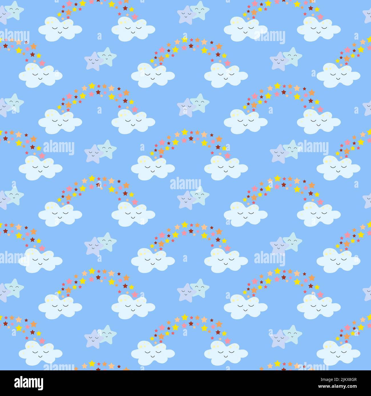 Childish cute pattern with rainbow and stars on a light blue background ...