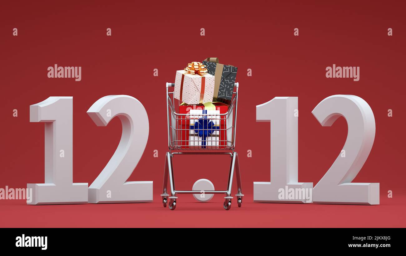 A 3D illustration of Christmas gifts on a trolley on 12 numbers ...