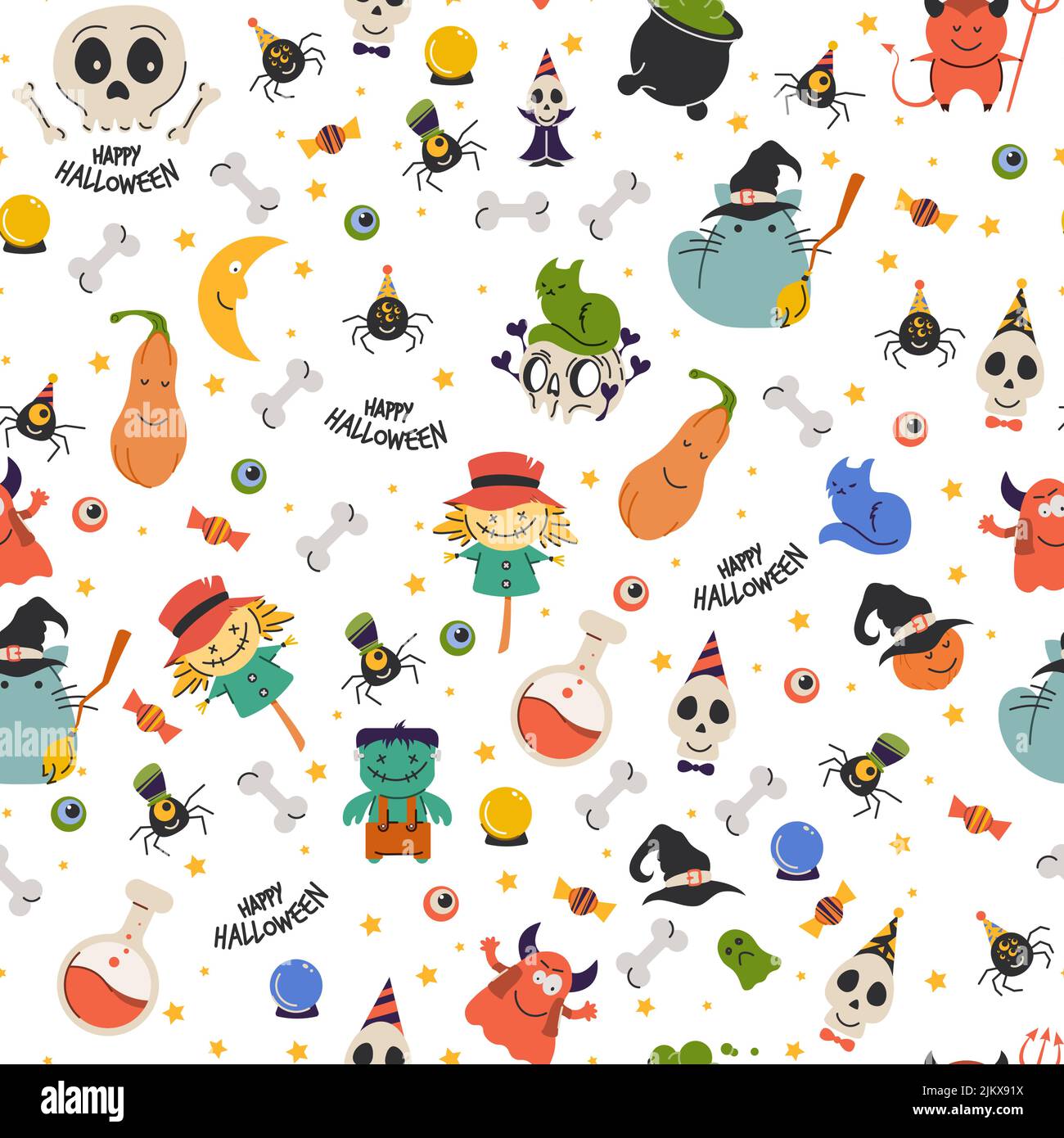 Seamless pattern with cartoon Halloween attributes. Colorful Helloween ...