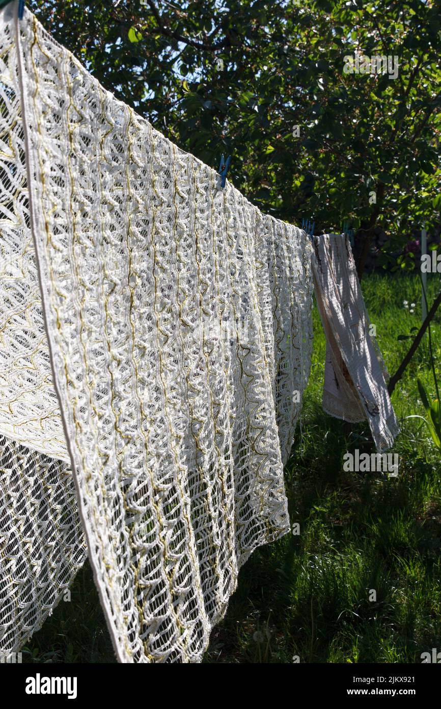 Curtains and things dry after washing outside in sunny and windy ...