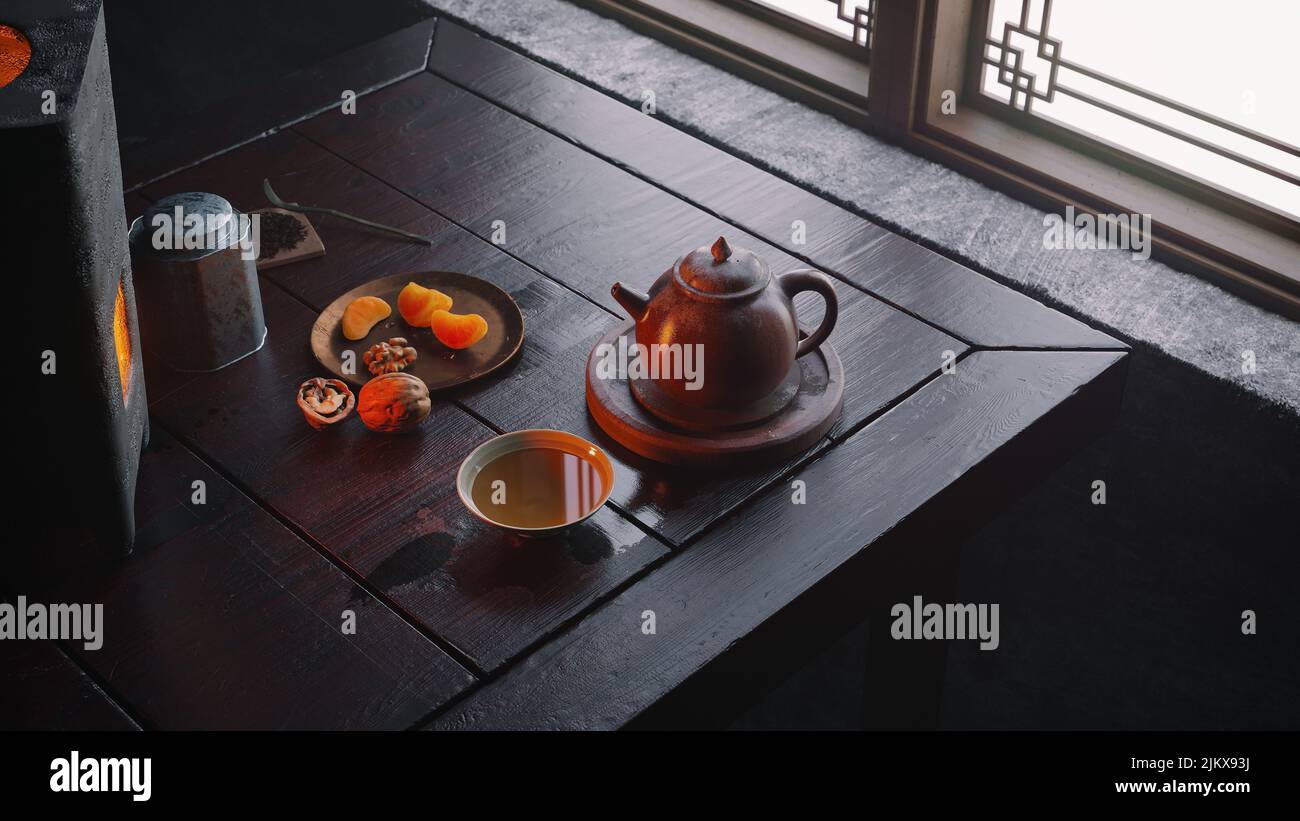 Chinese style Chinese tea set and table Stock Photo - Alamy