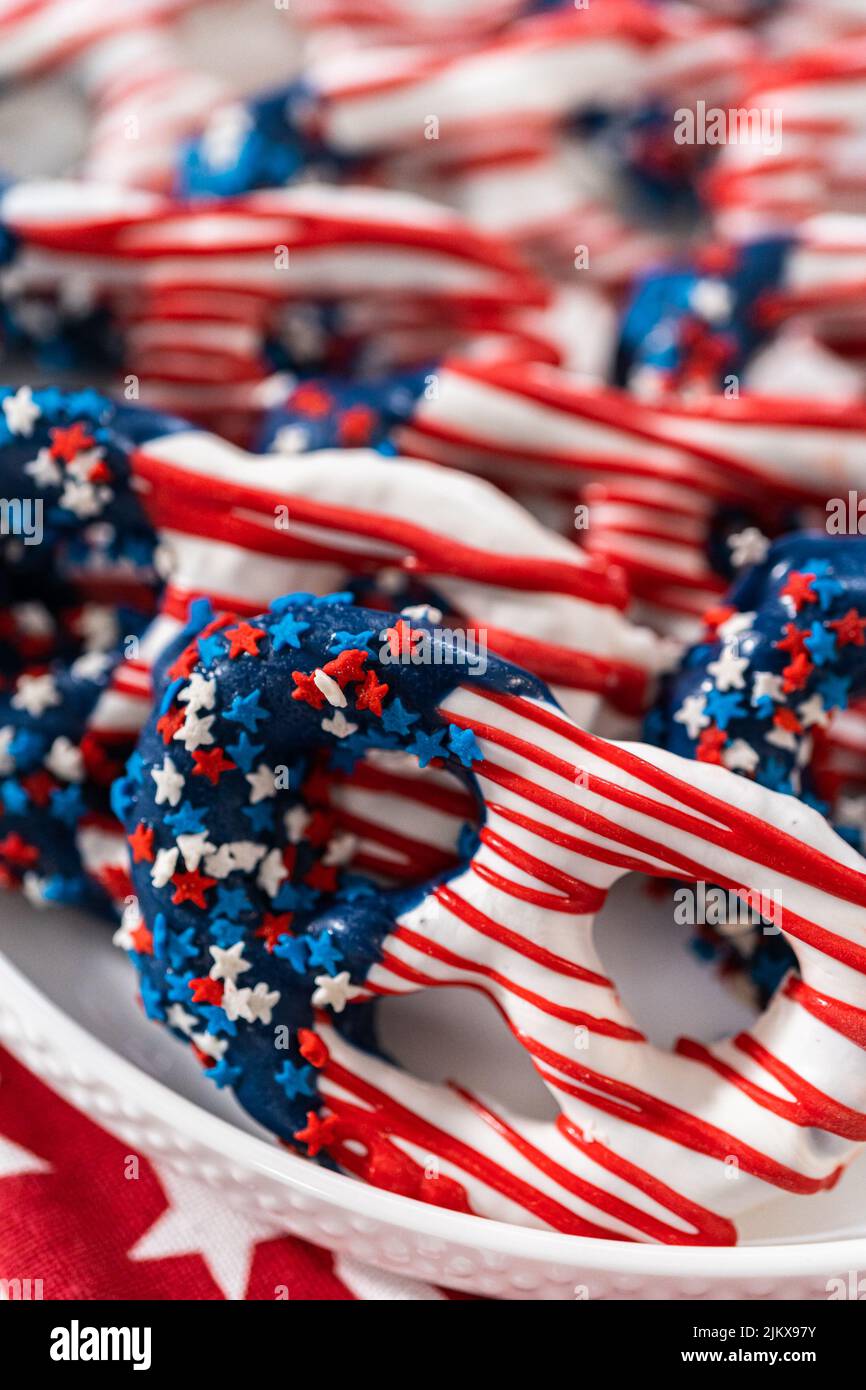 Red White and Blue Chocolate Covered Pretzel Twists Stock Photo - Alamy
