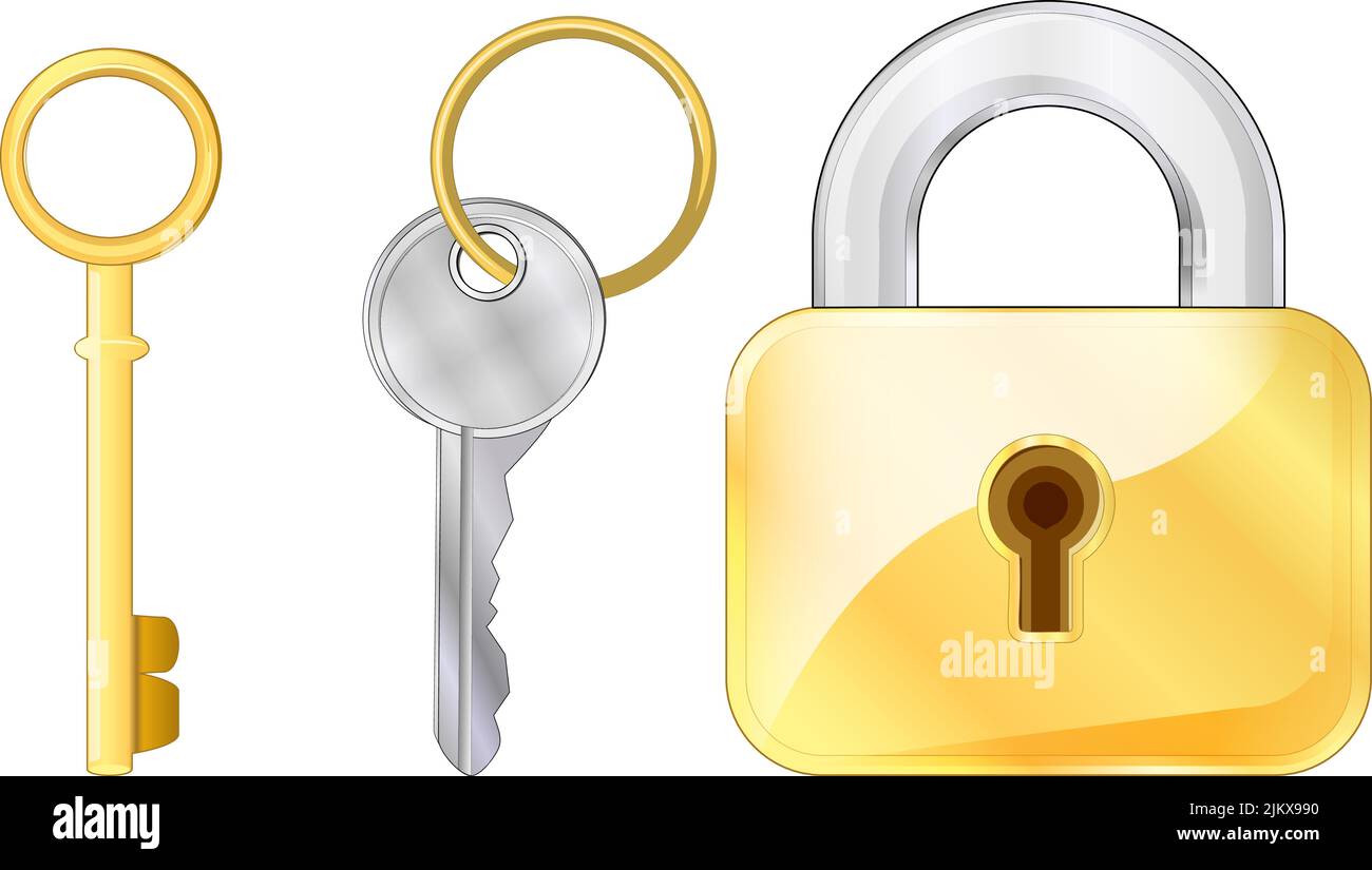 lock and bunch of keys. Realistic silver and gold metal. old and modern ...