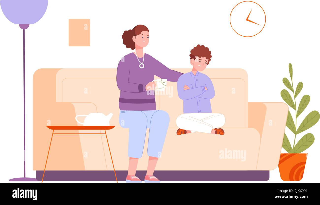 Mother talking son. Mom comforting sad child, parent kid communication, serious family talk with ...