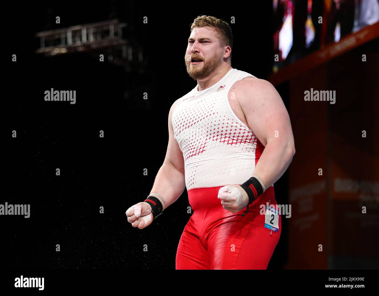 England's Gordon Shaw reacts during the Men’s 109kg + Final at The NEC ...
