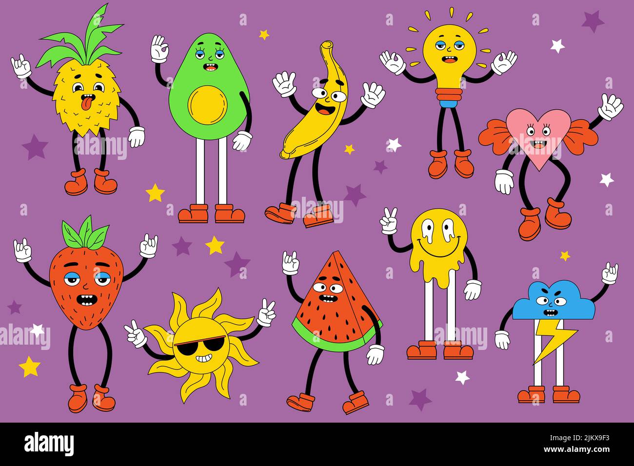 Set retro cartoon stickers with funny comic characters, gloved hands ...