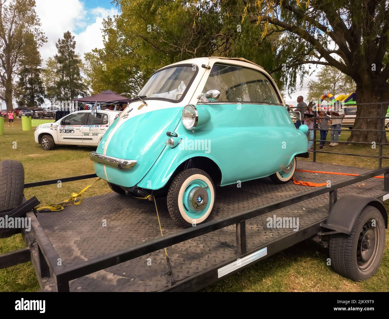 Chascomus, Argentina - Apr 9, 2022: Old cyan economy German micro car ...