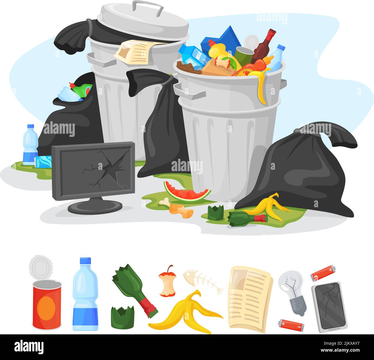 Unsorted trash dumpster. Overflowing garbage bucket, pile city rubbish ...