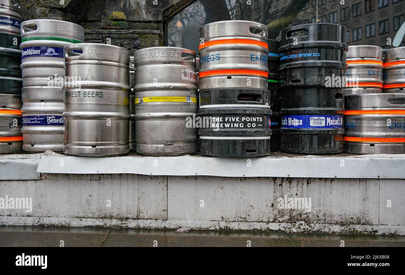 London, United Kingdom - February 04, 2019: Different brands kegs or ...