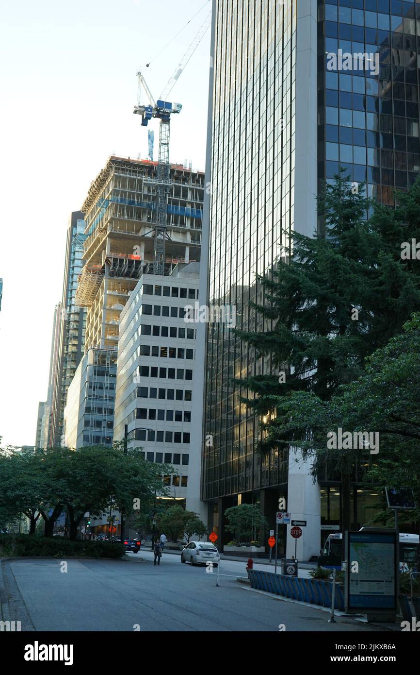 A vertical shot of downtown Vancouver with tall buildings and ...