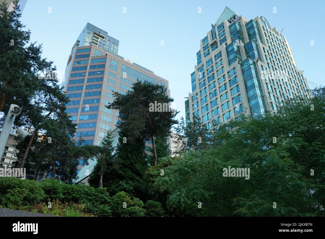 A low angle view of tall modern buildings with trees at the bottom in ...