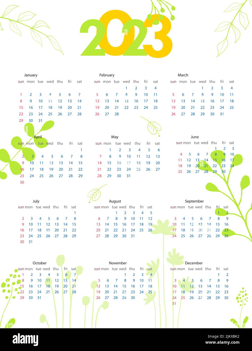 Yearly calendar template 2023. Week starts on Sunday. Calendar design ...
