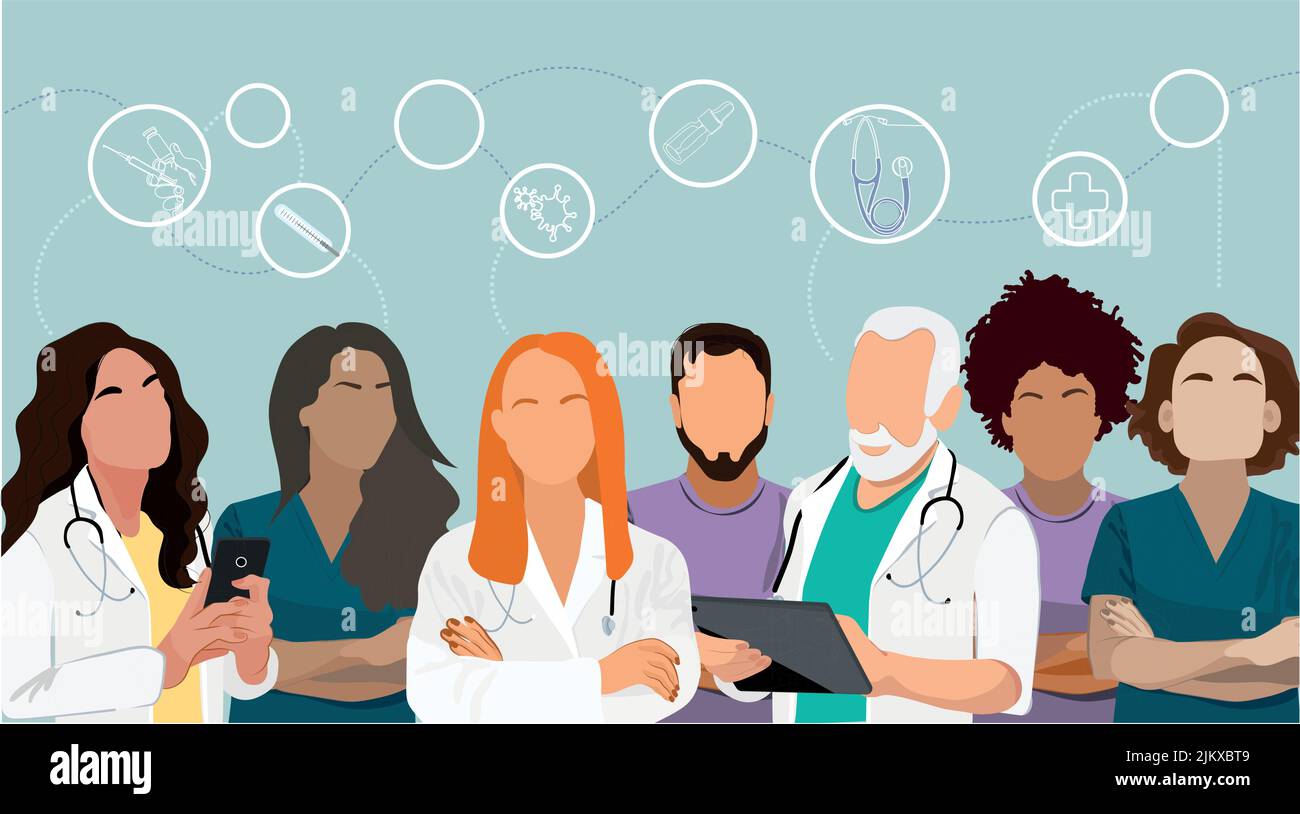 Medical personnel team, character of doctors and nurses wearing a ...