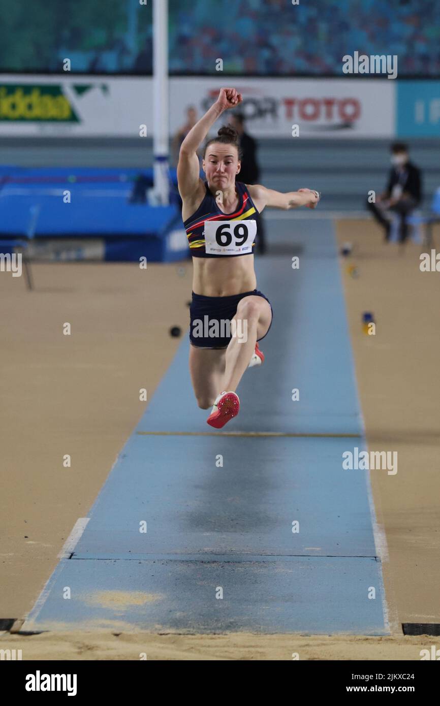 ISTANBUL, TURKEY - MARCH 05, 2022: Andreea Talos Elena triple jumping ...