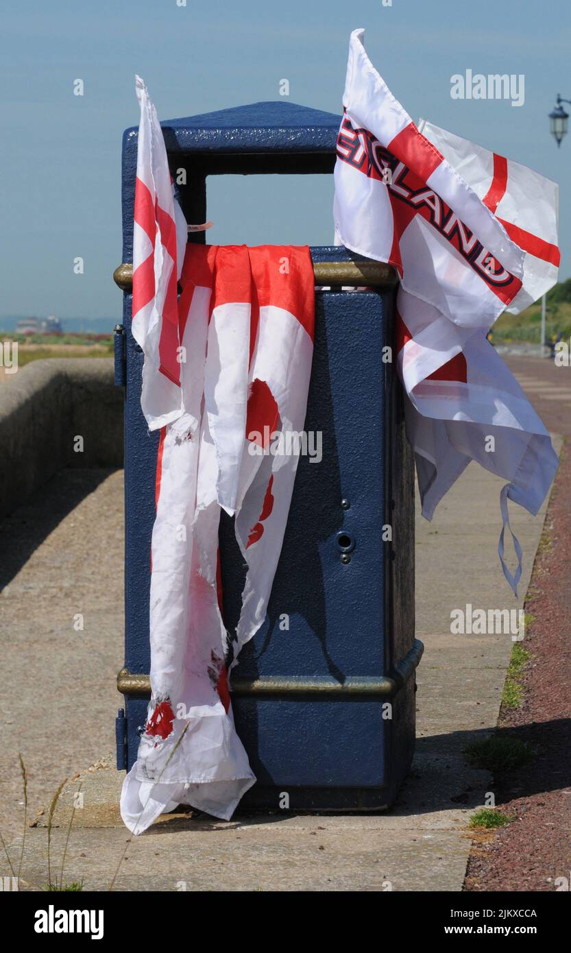 ENGLAND FLAGS FILL THE WASTE A PAPER BIN AT SOUTHSEA, HANTS AFTER ...