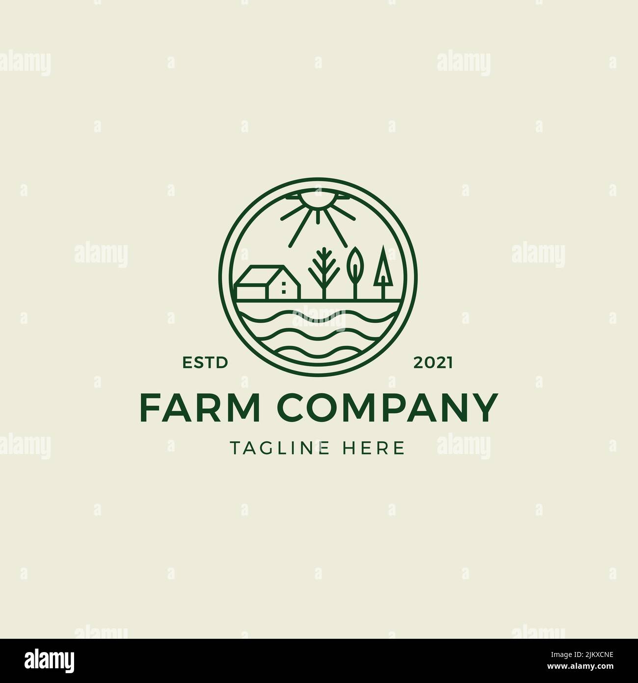 A monoline style, simple farm logo design with a farmhouse, trees and ...