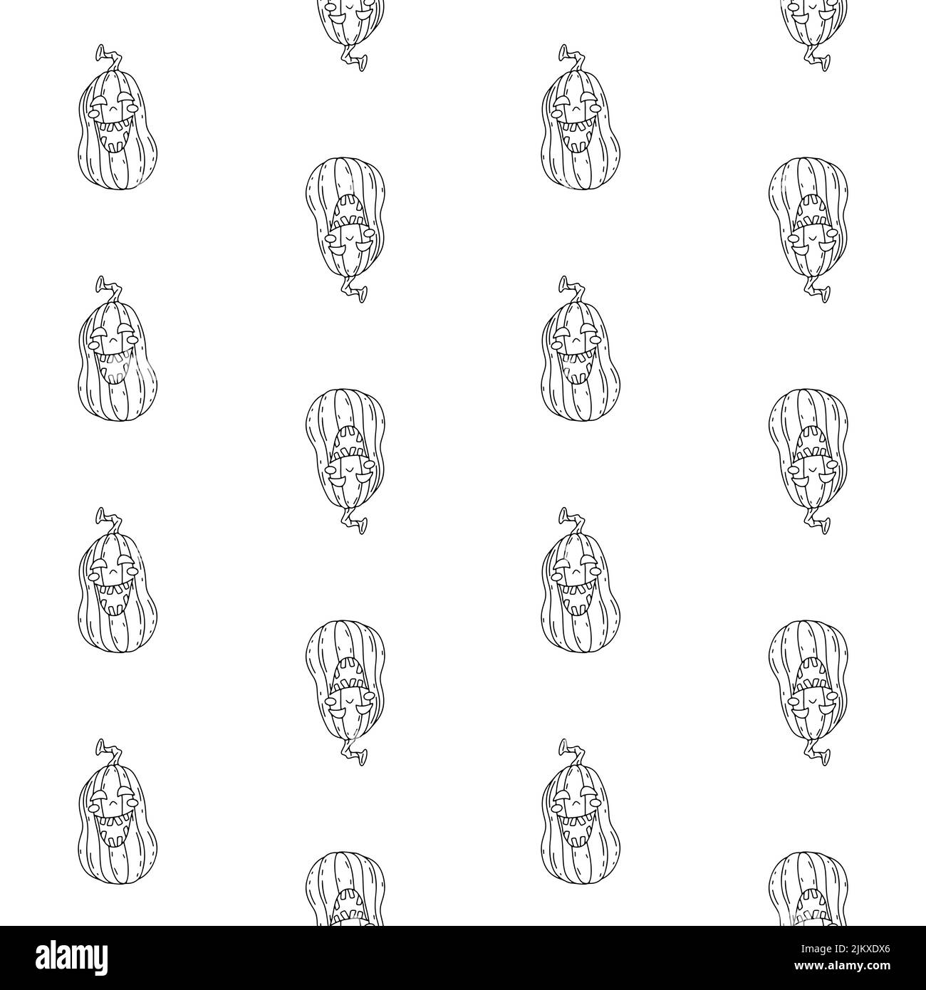Halloween seamless pattern with line art cartoon smiling pumkins on ...