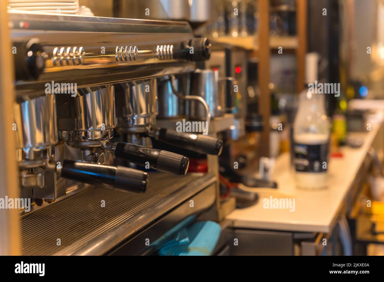 Coffee machine ready for a coffee with milk Stock Photo - Alamy