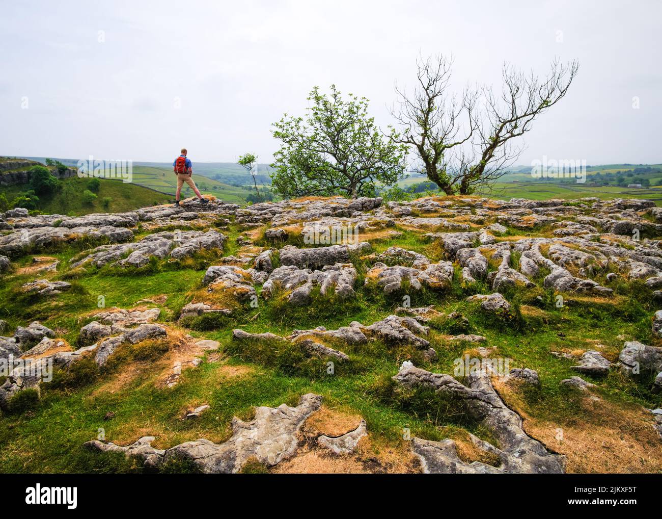 The natural landscape in Yorkshire Dales with a mountain climber on the ...