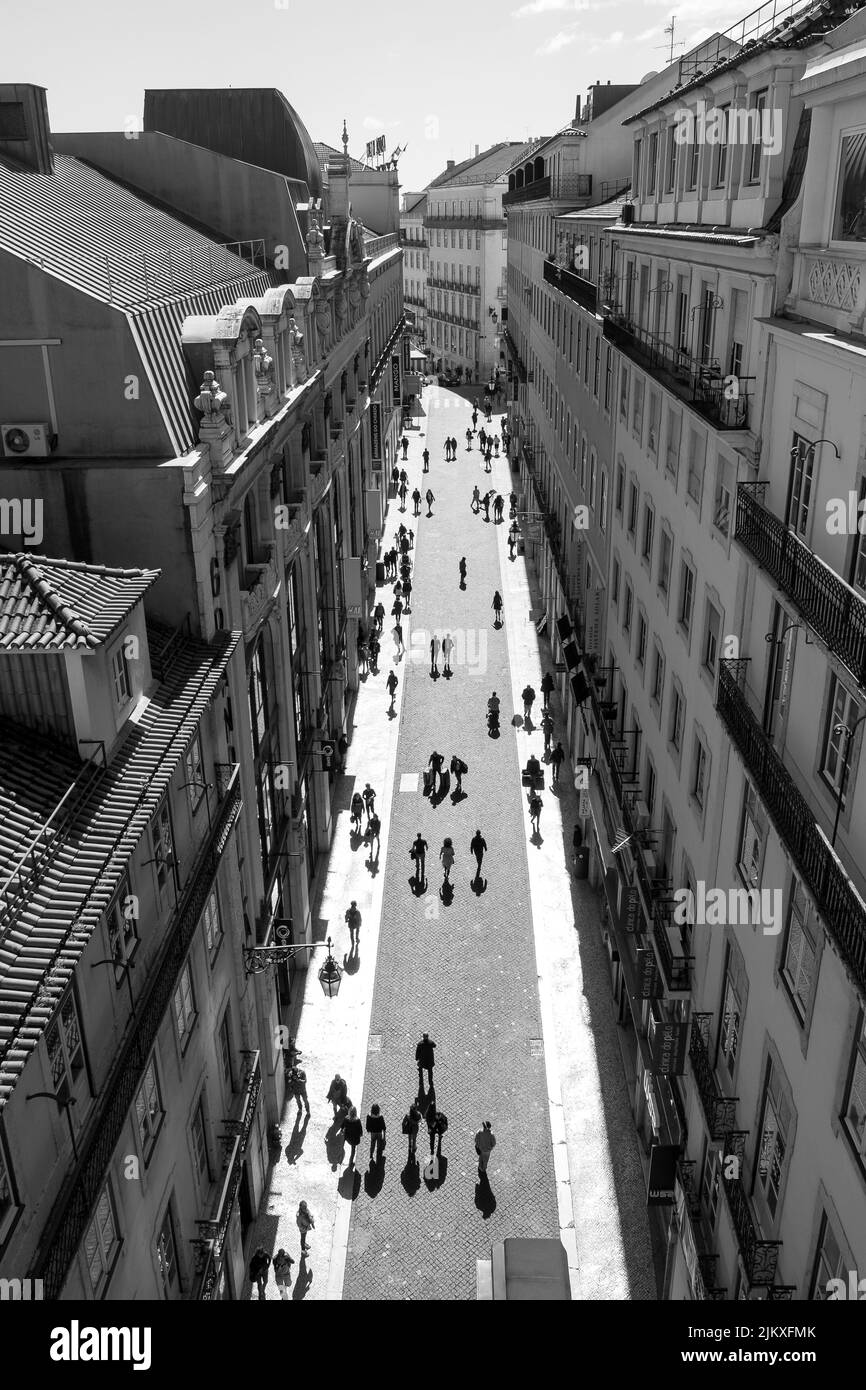 A vertical greyscale view to the city of Lisbon from the Santa Justa ...