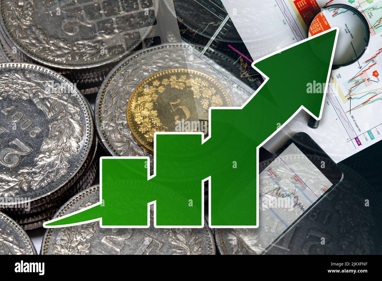 Economy graph: rising arrow, Swiss franc coins and stock market ...