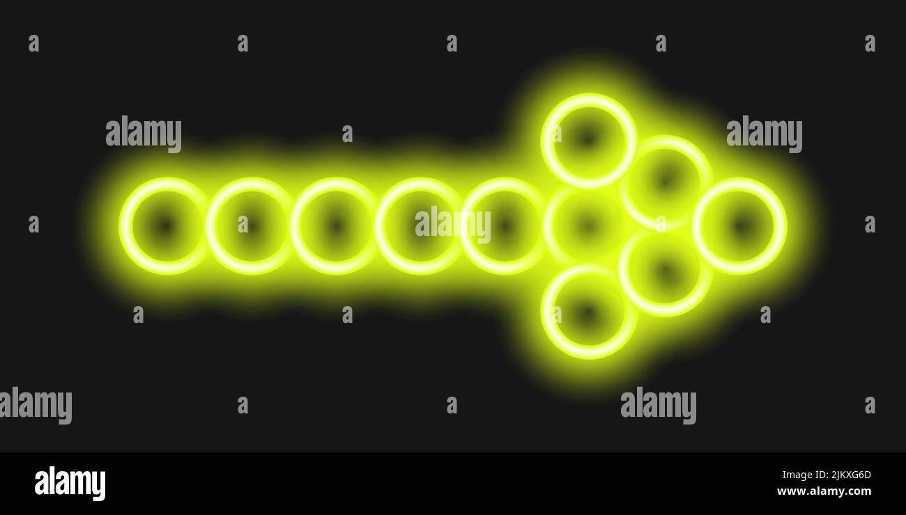 Yellow bright neon arrow. Lightning direction sign made of round shapes ...