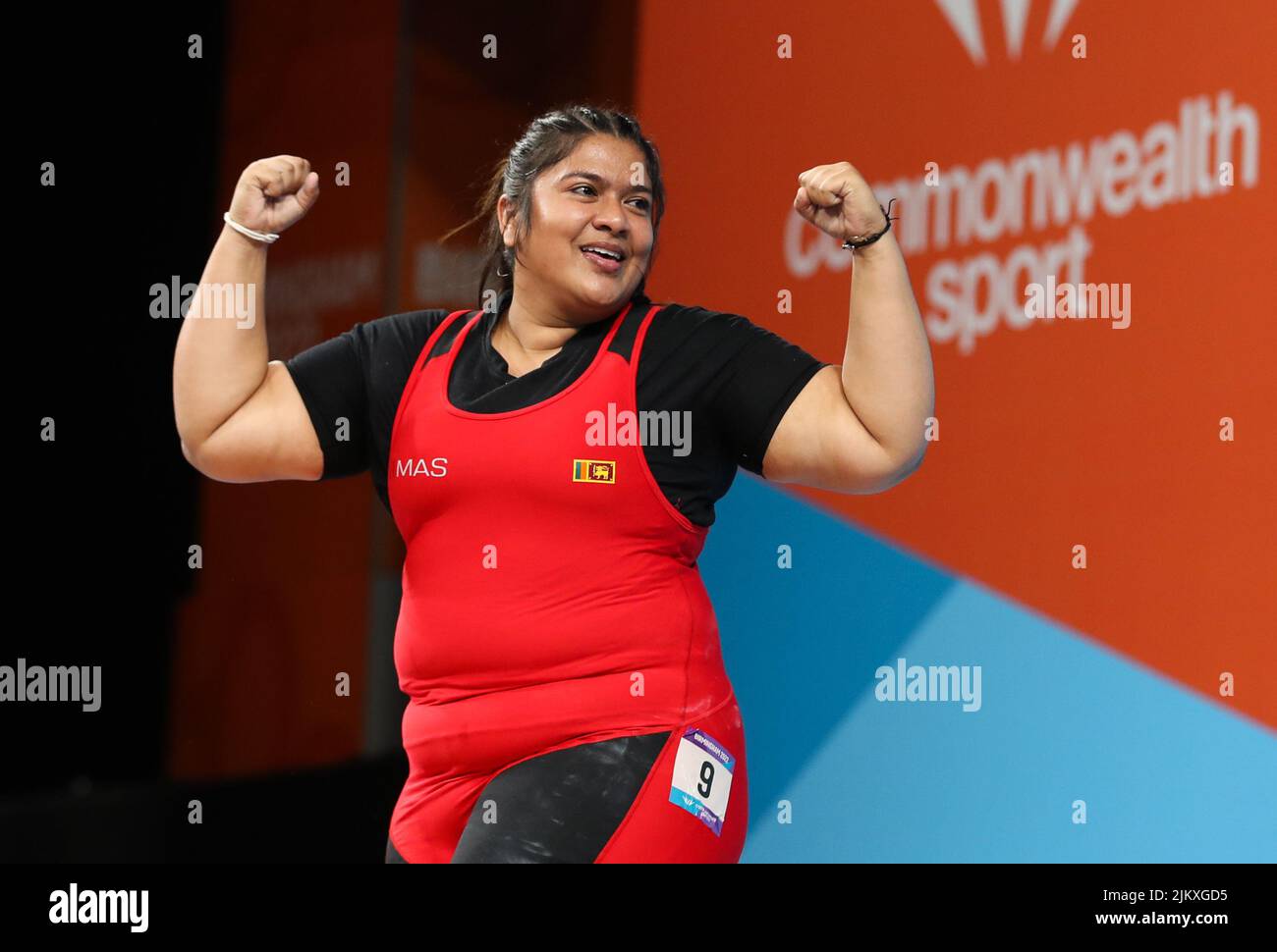 Sri Lanka’s Thimali N.b.j.h H. Wiyannalage reacts during the Women’s 89kg+ Final at The NEC on ...