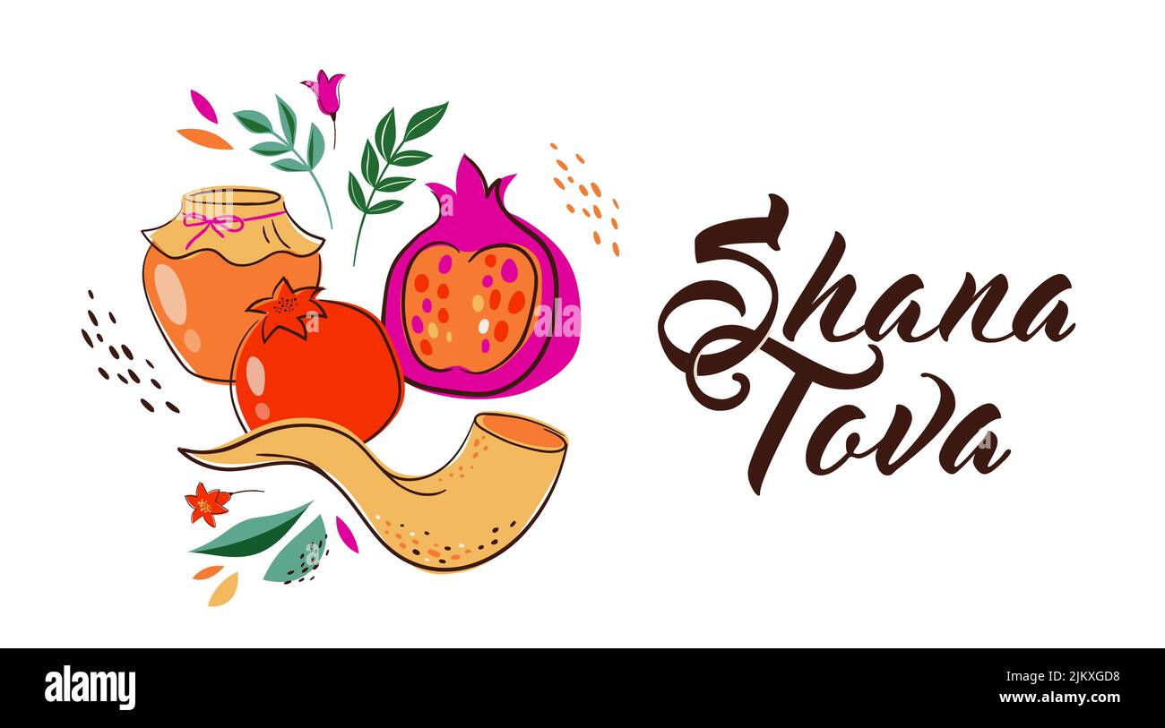 Rosh Hashanah design template with hand drawn apples, pomegranate ...
