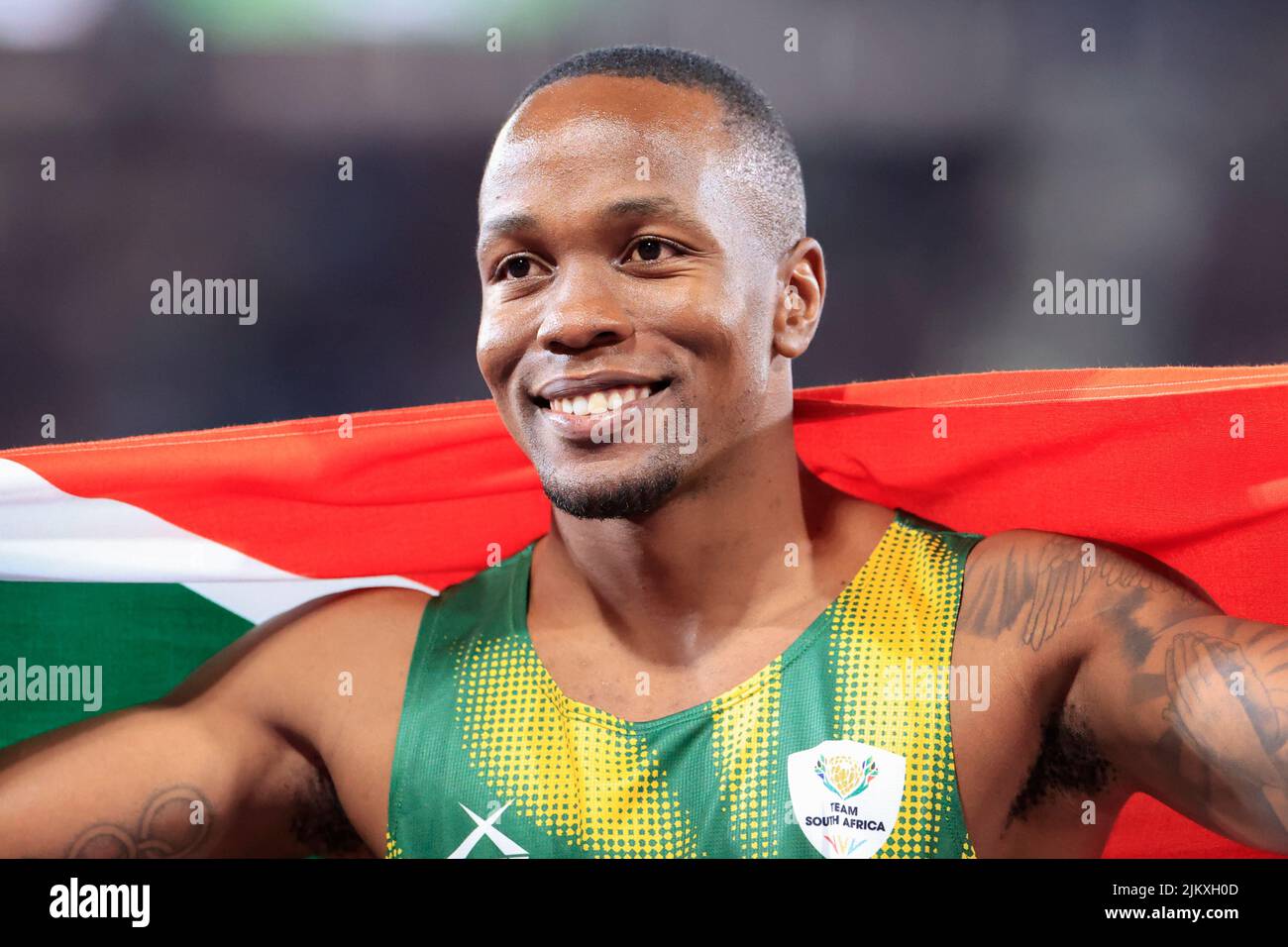 Akani Simbine of South Africa celebrates winning the silver medal in ...