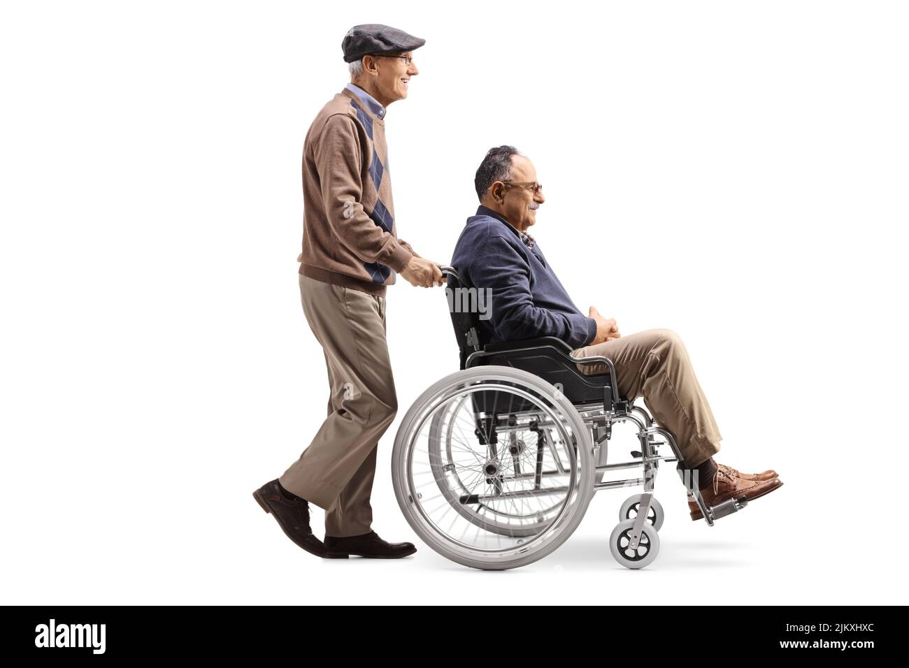 Elderly man pushing a mature man in a wheelchair isolated on white ...